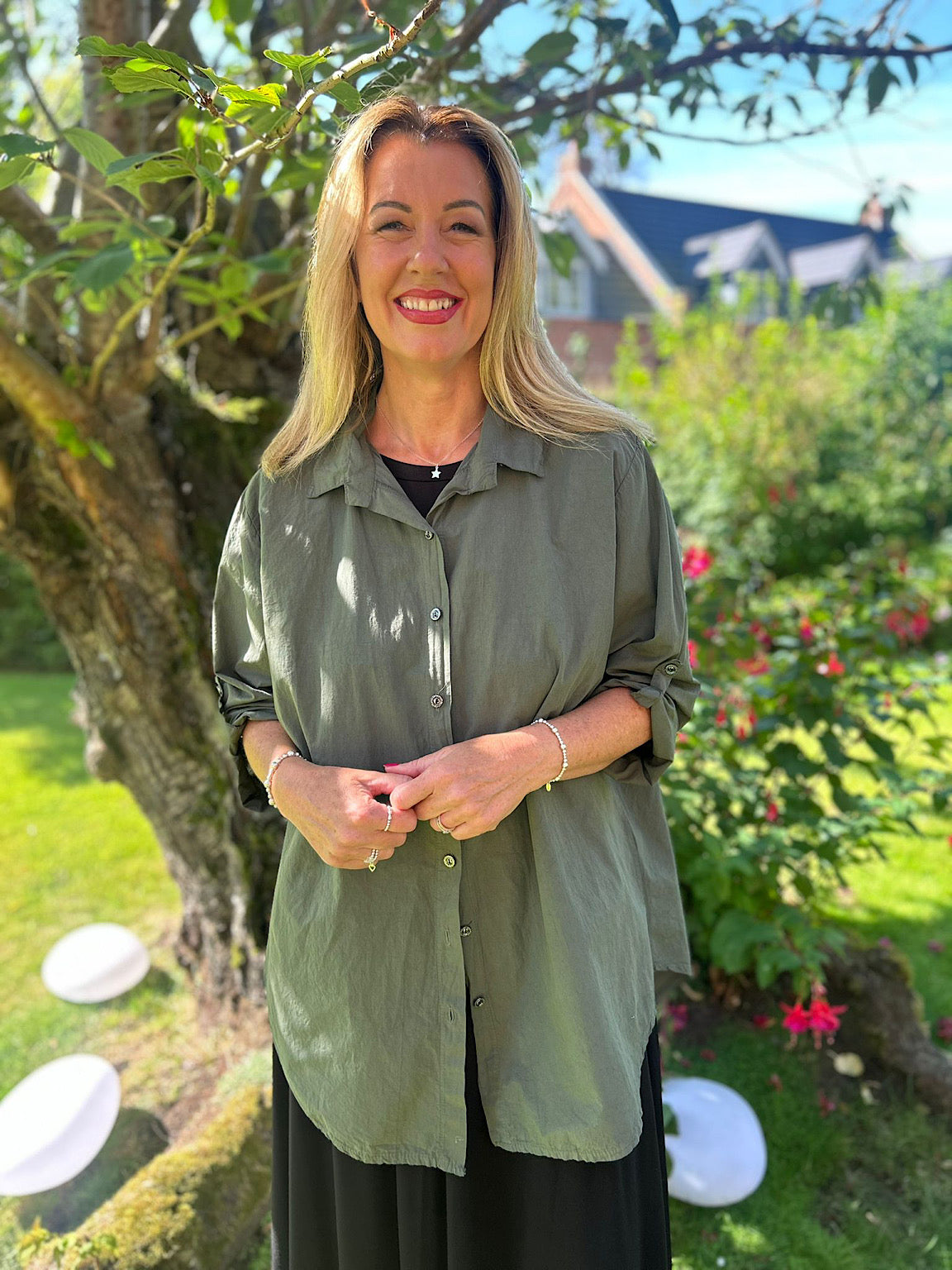 Khaki Button Sleeve Cotton Shirt Nina – Tillett's