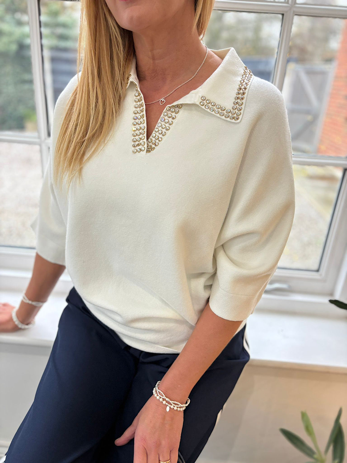 White Relaxed Collared Knit Abbie – Tillett's