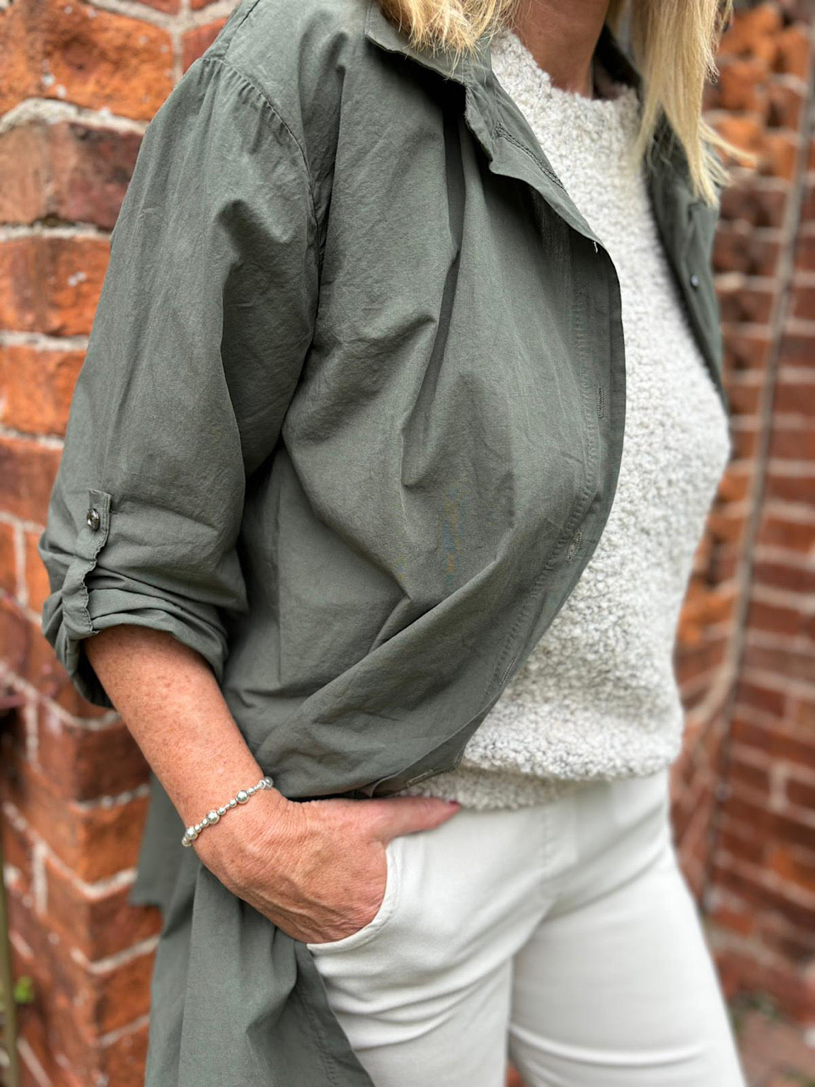 Khaki Button Sleeve Cotton Shirt Nina – Tillett's