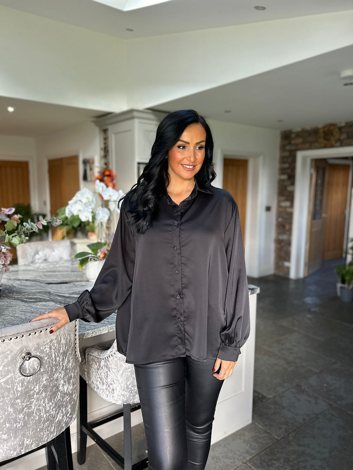 Black satin blouse store