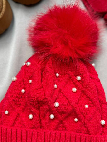 Red Cashmere Blend Pearl Bobble Hat – Tillett's
